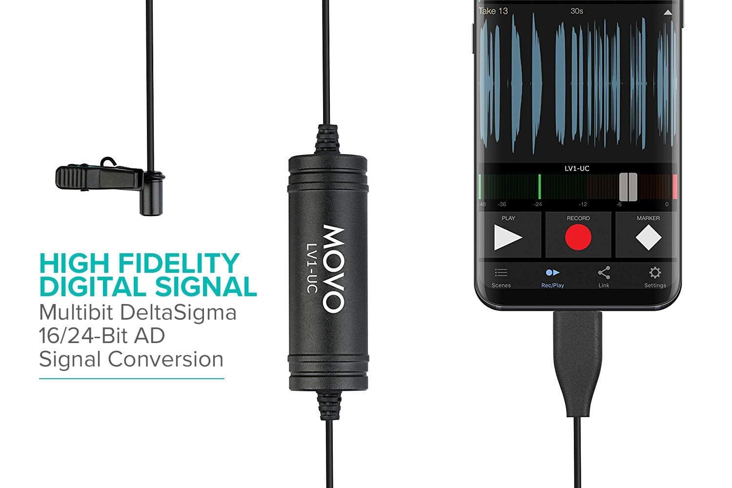 LV1-UC | Digital Lav Omni Clip-on Mic with USB Type-C Connector | Movo